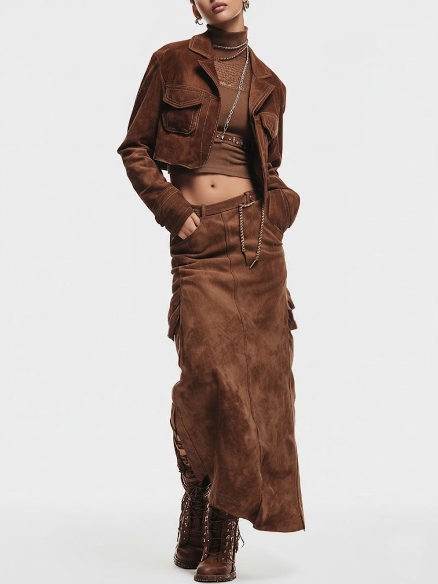 Brown Suede Two-Piece Set – Cropped Jacket And Maxi Skirt – ROSEMONA