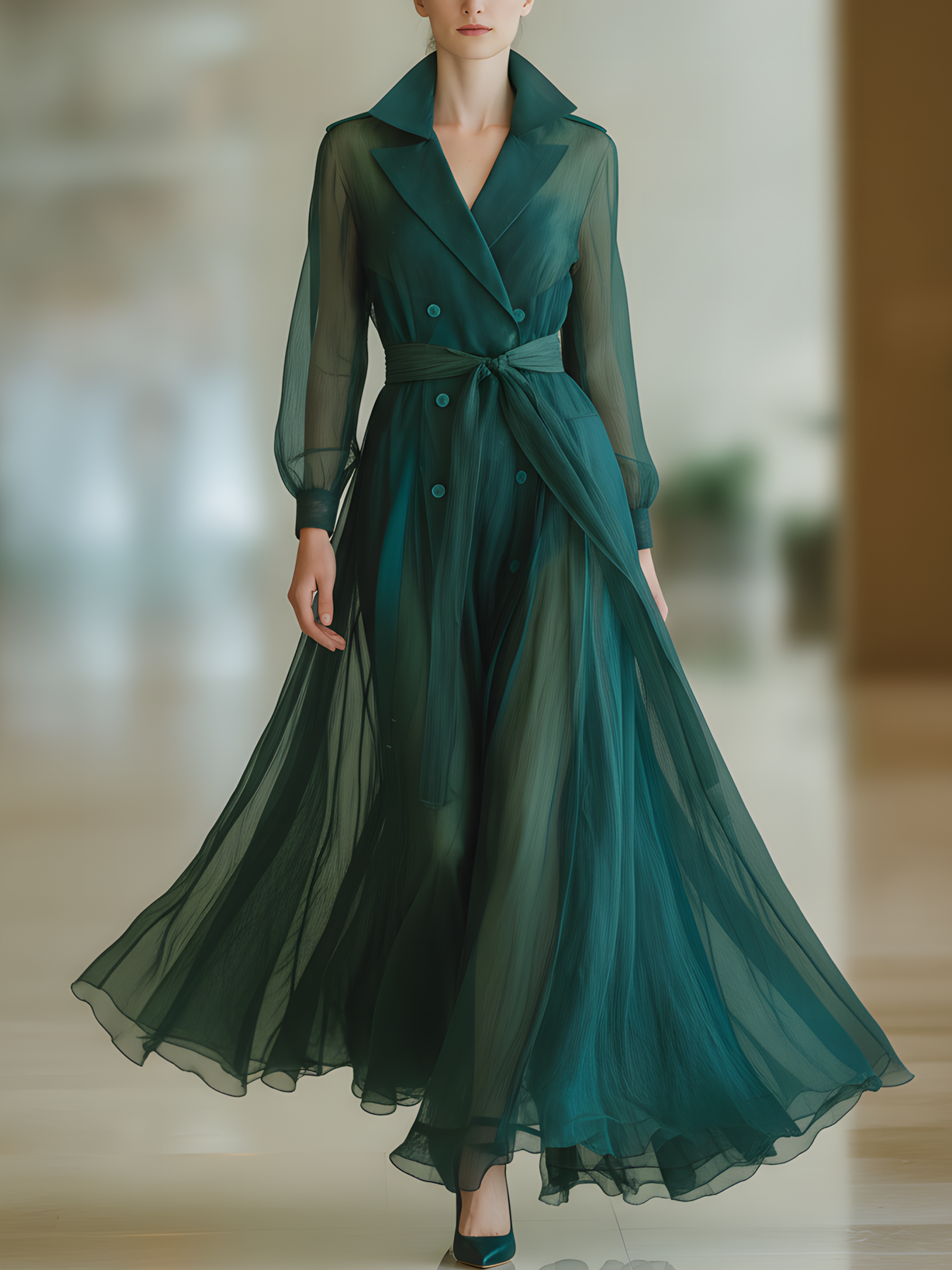 Emerald Green Translucent Tulle Trench Coat Style Maxi Dress – ROSEMONA